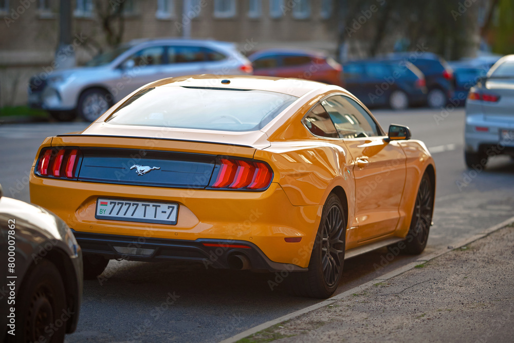 Minsk, Belarus. Apr 8, 2024. Yellow Ford Mustang 6th Generation parked ...