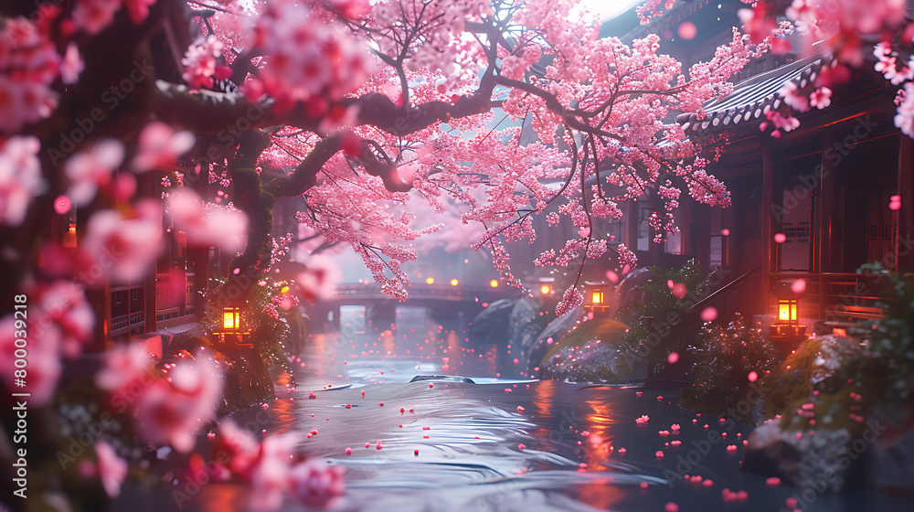 Asian Zen garden with sakura trees and pond. Landscape with cherry ...