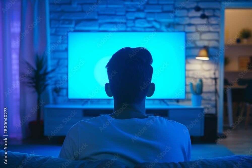 App display man in his 20s in front of an smart-tv with a completely ...