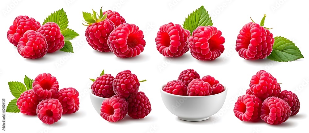 set of Raspberry , many angles and view side top front group pile heap ...