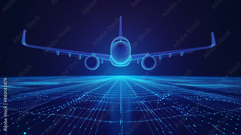 3d Digital neon futuristic airplane. Future aviation, modern technology ...