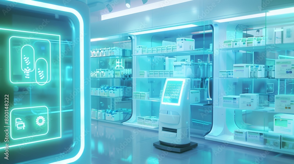 Futuristic pharmacy interior with high-tech medication dispensing robot ...