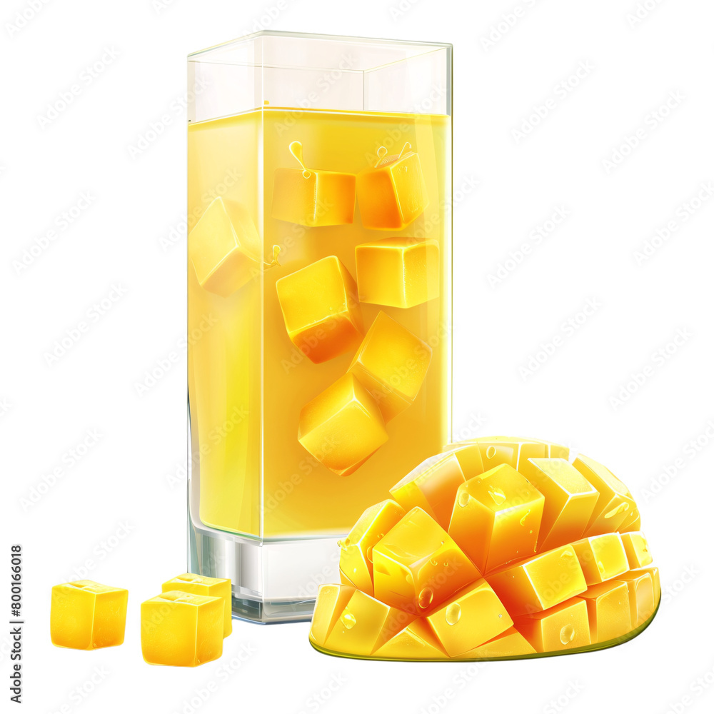 mango juice with ripe mango cubes illustration isolated on a ...