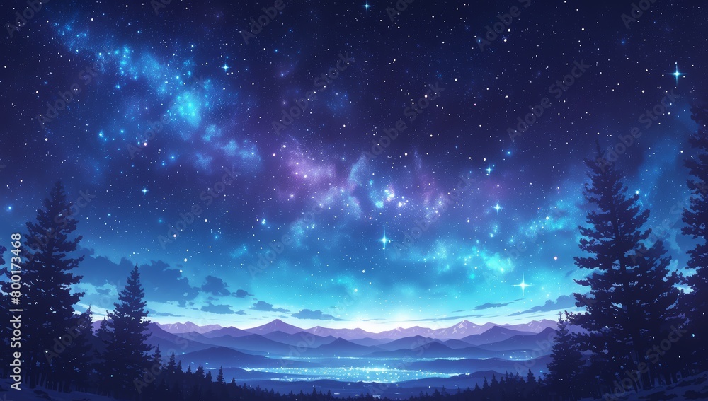Starry sky, aurora borealis, forest landscape in the style of purple ...