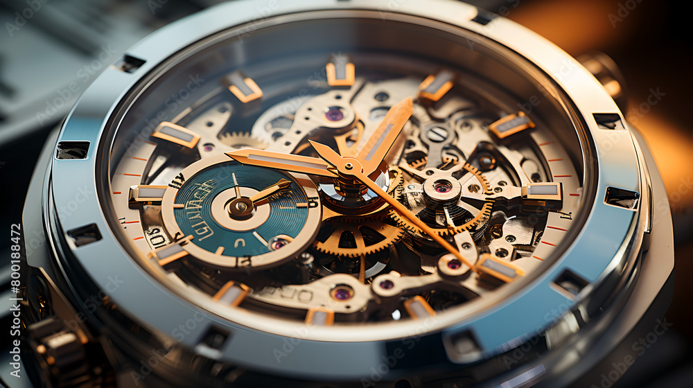 mechanical watch, inside mechanical structure, full details, top-down ...