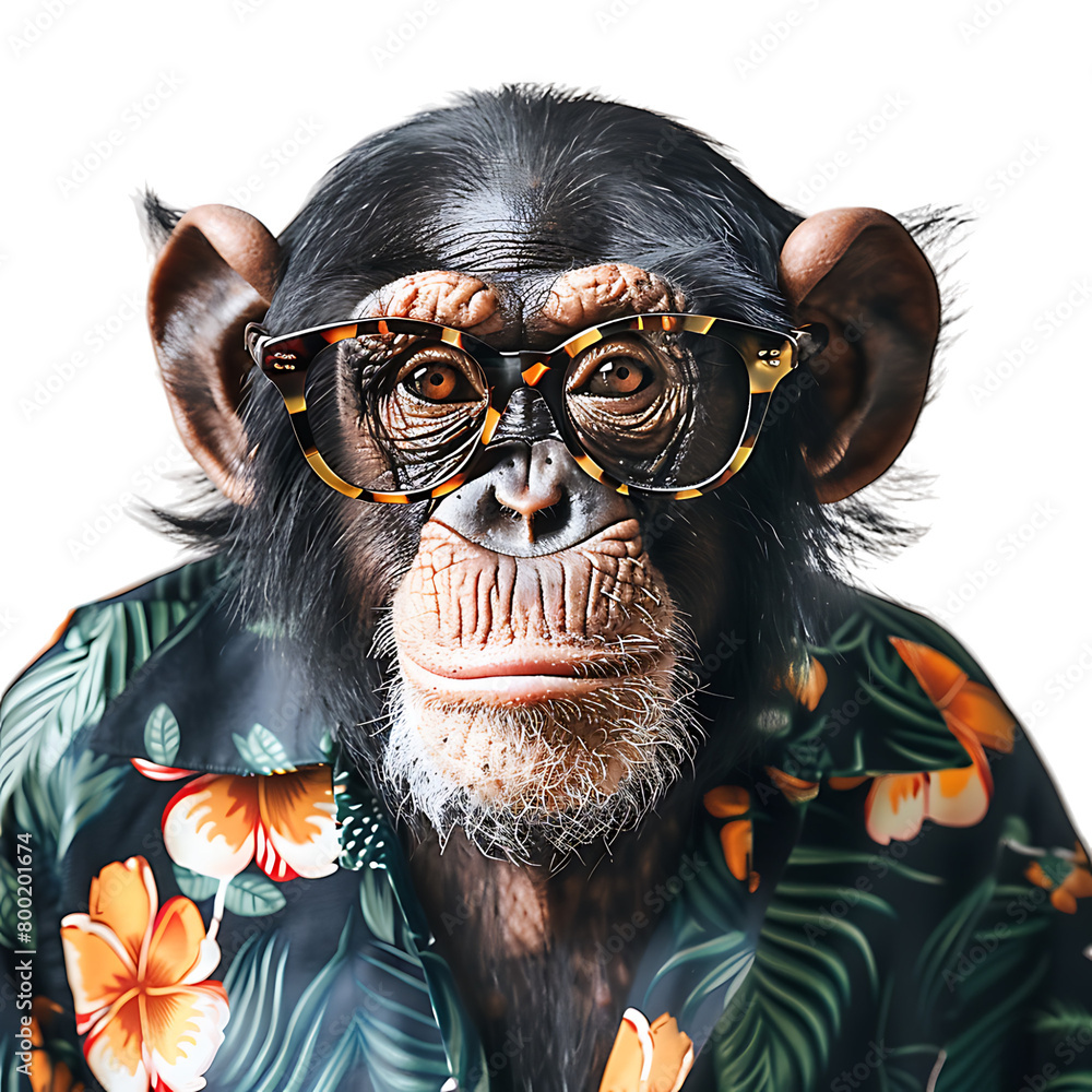Chimpanzee wearing glasses and tropical shirt on isolated transparent ...