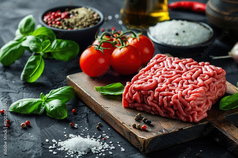 Raw minced meat, forcemeat on black stone background, spices, tomato ...