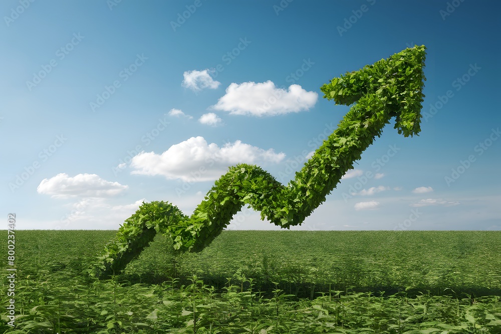 Symbolic plant arrow growing from green field under blue sky ...