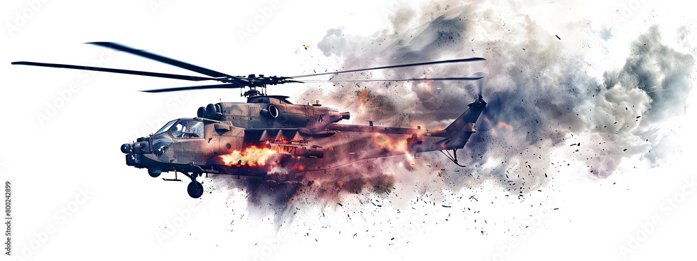 Combat helicopter explosion in the air from a missile hit isolated on ...