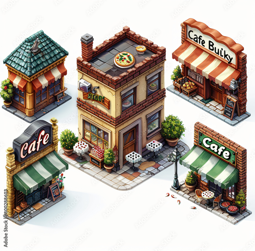 set of isometric graphic vector buildings icons, bakery shop store ...