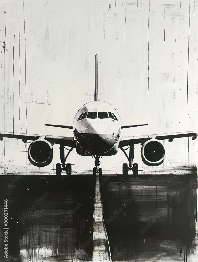 Airplane positioned for takeoff, stark lines and markings defining an ...