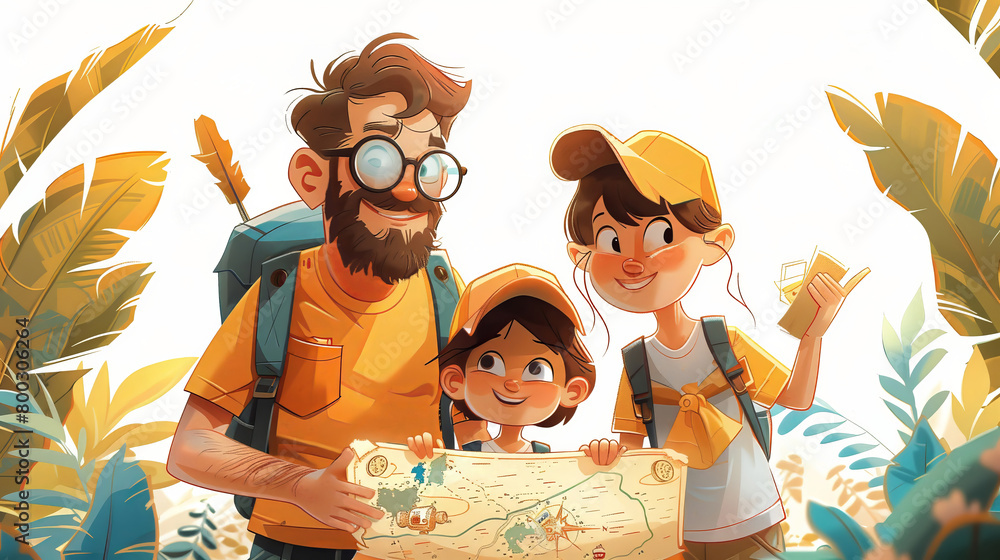 Family characters discovering a treasure map adventure Stock ...