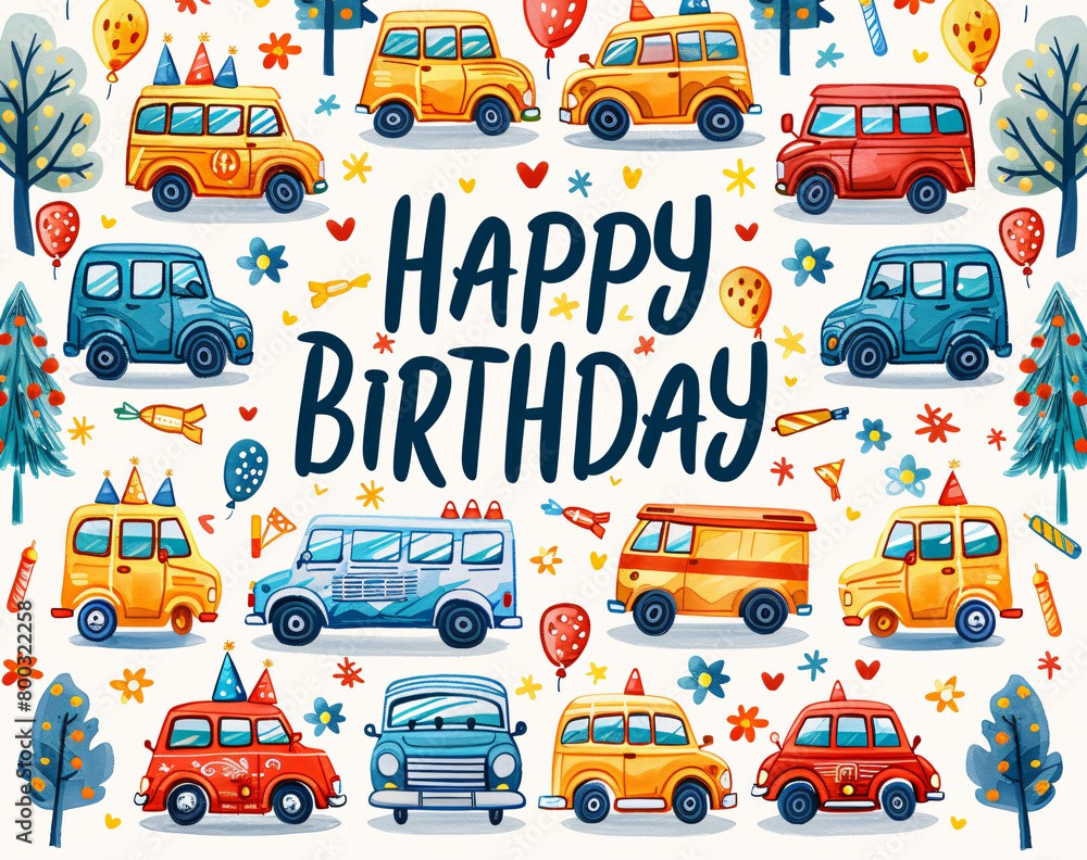 A birthday card with cars, trucks and buses on the road. On top of it ...