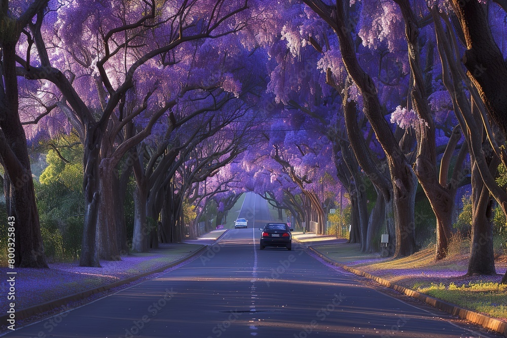 A convertible driving through a tunnel of vibrant jacaranda trees in ...
