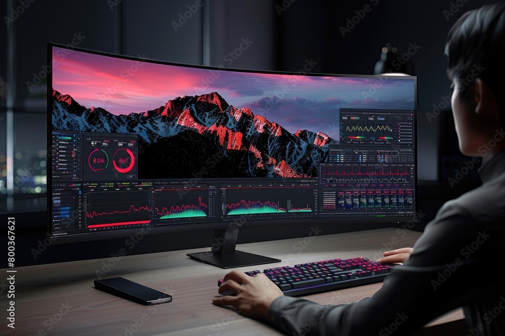 big widescreen monitor with charts and management dashboard in front of ...