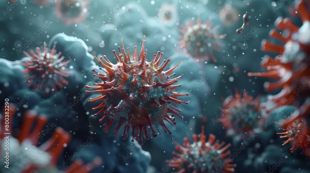 A microscopic view of a virus particle with its spiky protein coat ...