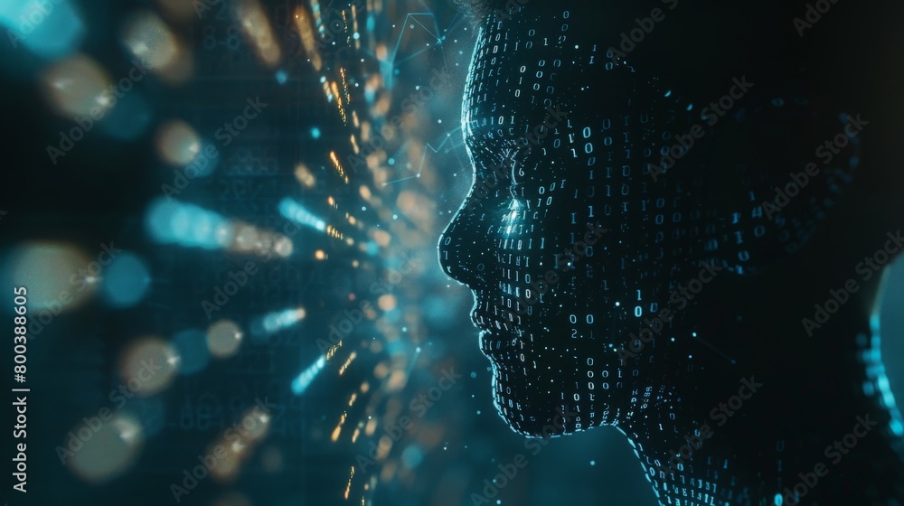 A binary code data stream flowing and morphing into a human silhouette ...