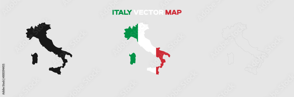 Italy Map Vector Pack. Map with Flag. Gray Map Silhouette. Gray Outline ...