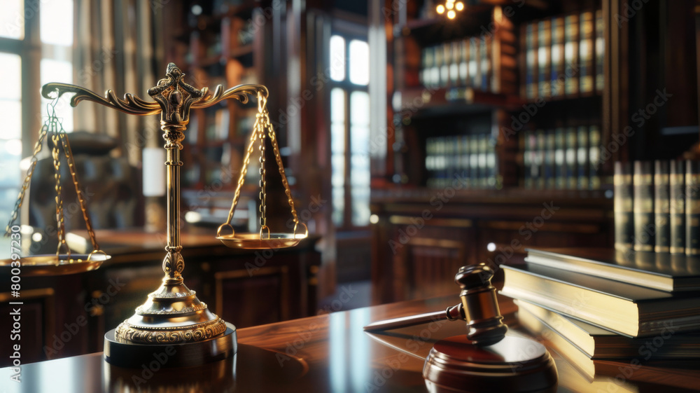 Legal office with gavel scales of justice and bookshelf symbolizing law ...