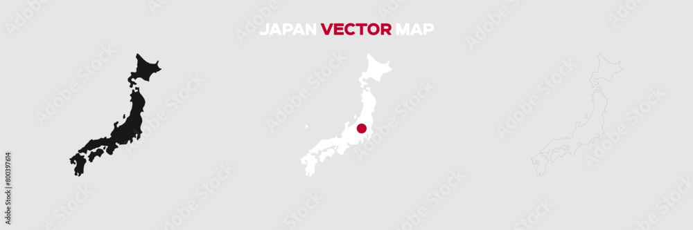 Japan Map Vector Pack. Map with Flag. Gray Map Silhouette. Gray Outline ...