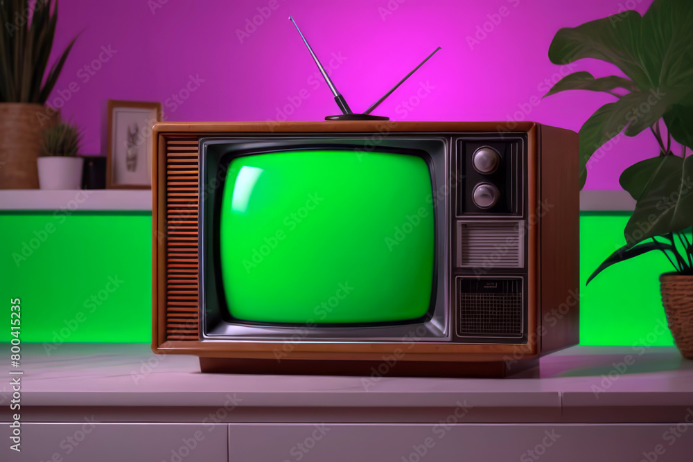 mock-up vintage television illustration with green screen key frame ...