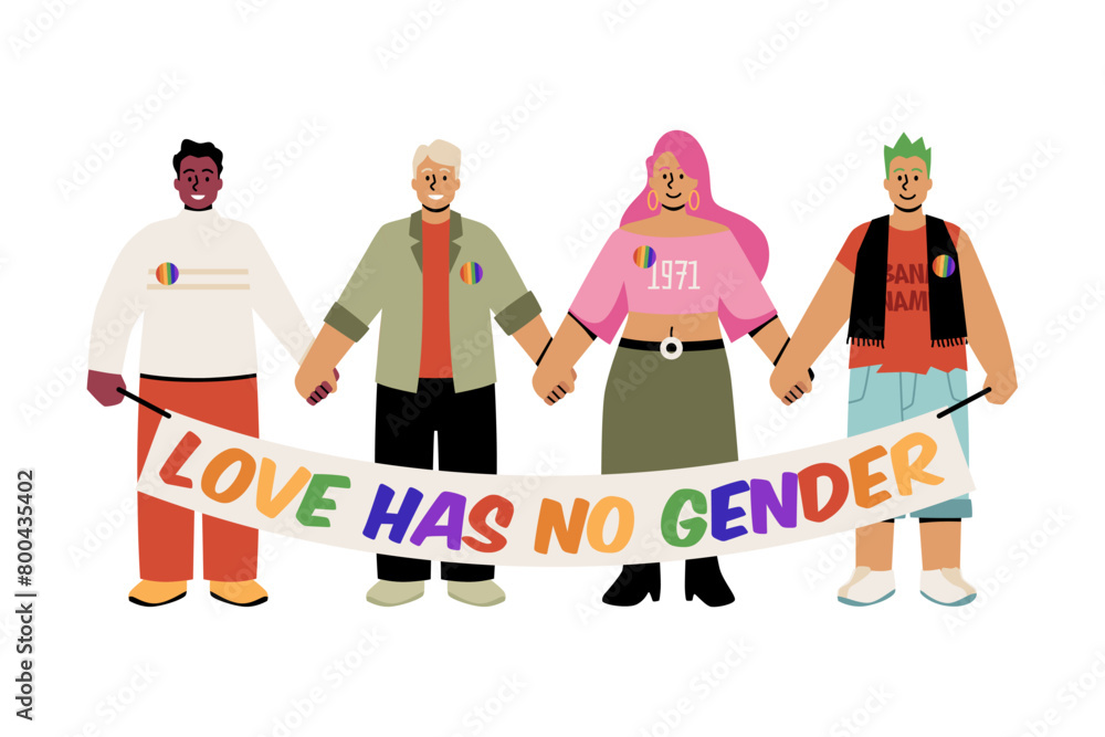 Vector illustration on of people holding a rainbow flag, symbolizing ...
