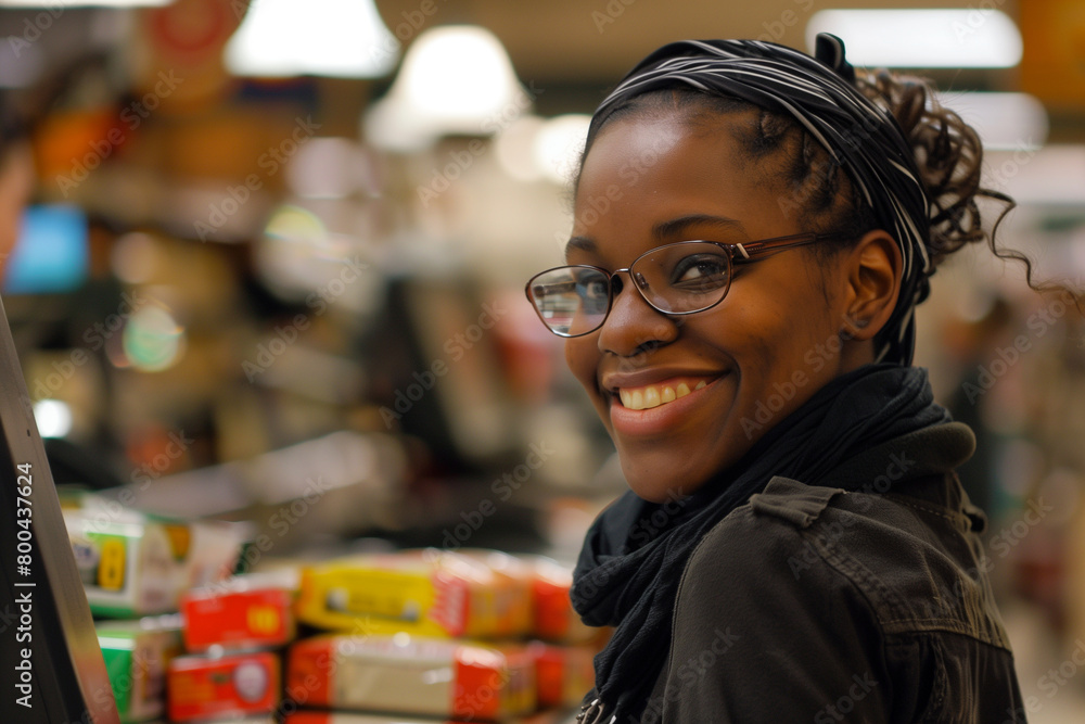 Illuminated by the checkout lights, a smiling American supermarket ...