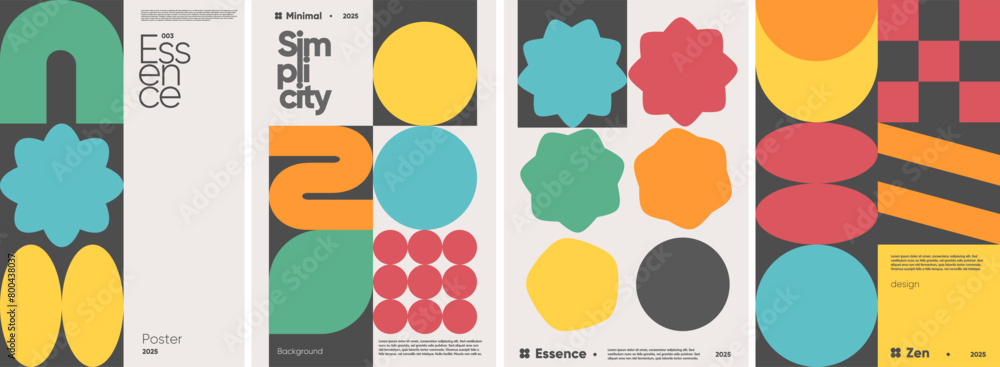 Series of four minimalist typographic posters with abstract shapes and ...