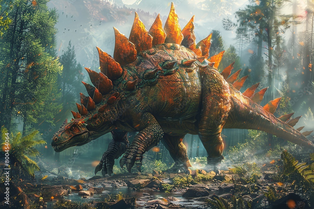 Behold the splendor of a Stegosaurus adorned in battle-ready armor ...
