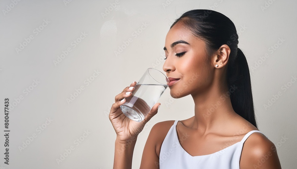 Beautiful woman drinks water from a glass, isolated on a black ...