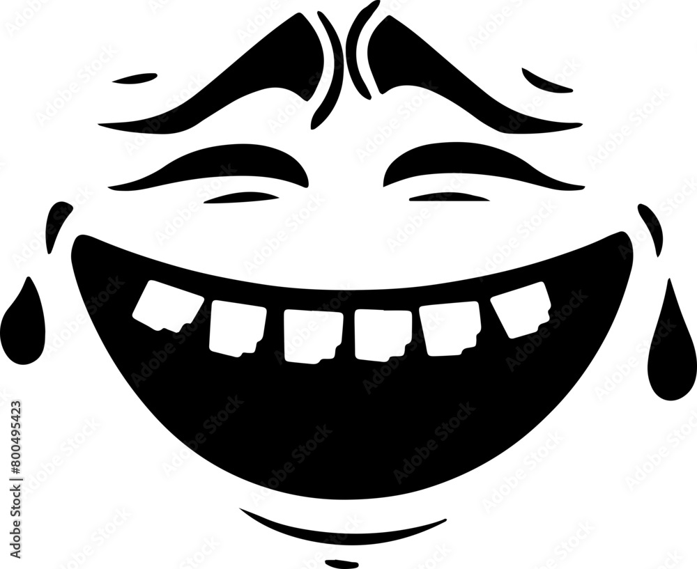 A graphic black and white silhouette of a laughing face, shedding tears ...