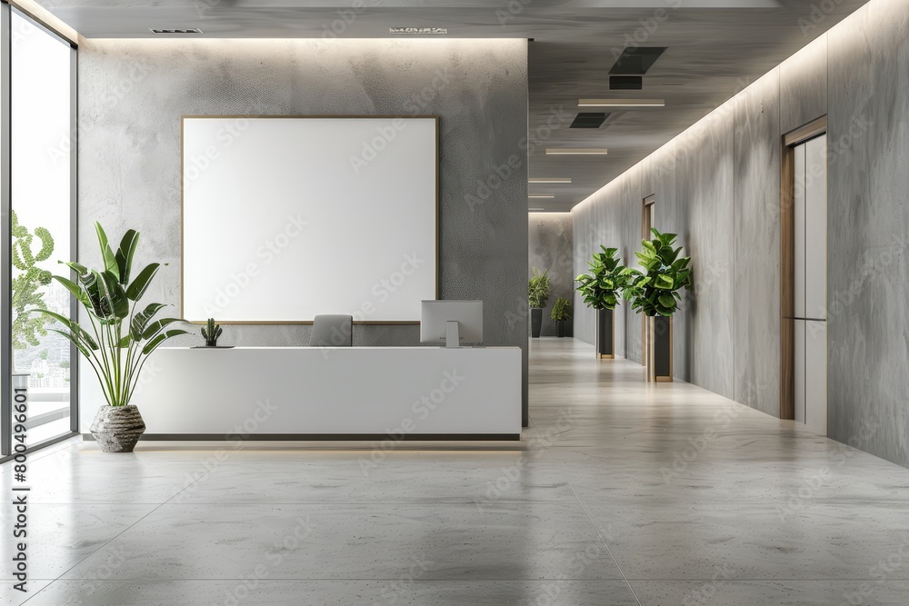 Corporate branding identity logo display with modern office reception ...