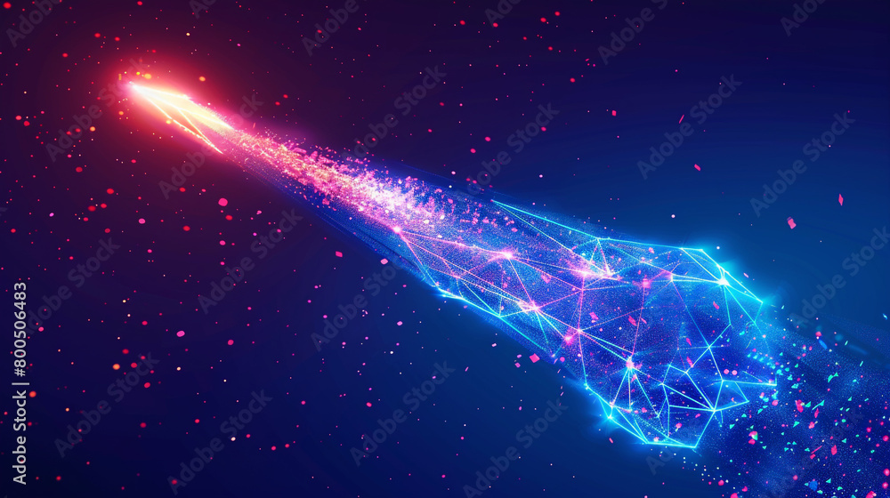 A neon comet streaking across a low poly sky, its tail a stream of data ...