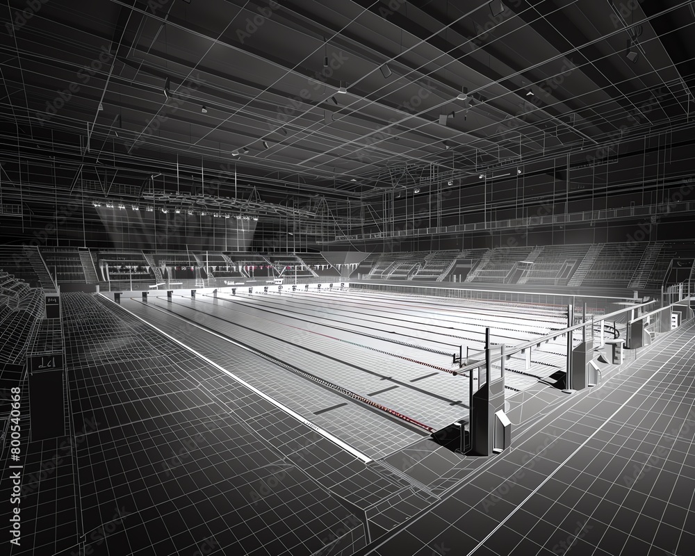 Complex mesh wireframe of an Olympic swimming pool, detailing lanes ...