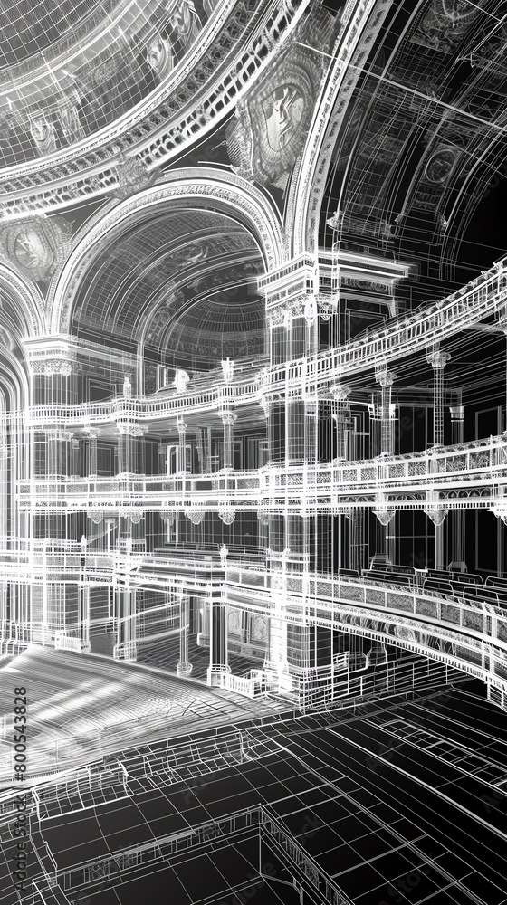 Mesh wireframe of a grand opera house, detailing auditorium, stage, and ...