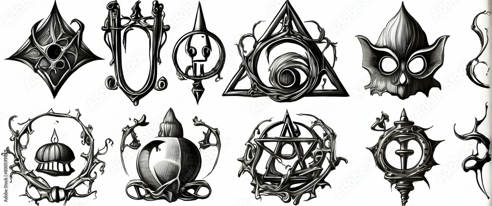 A collection of gothic and dark fantasy style symbols and emblems that ...