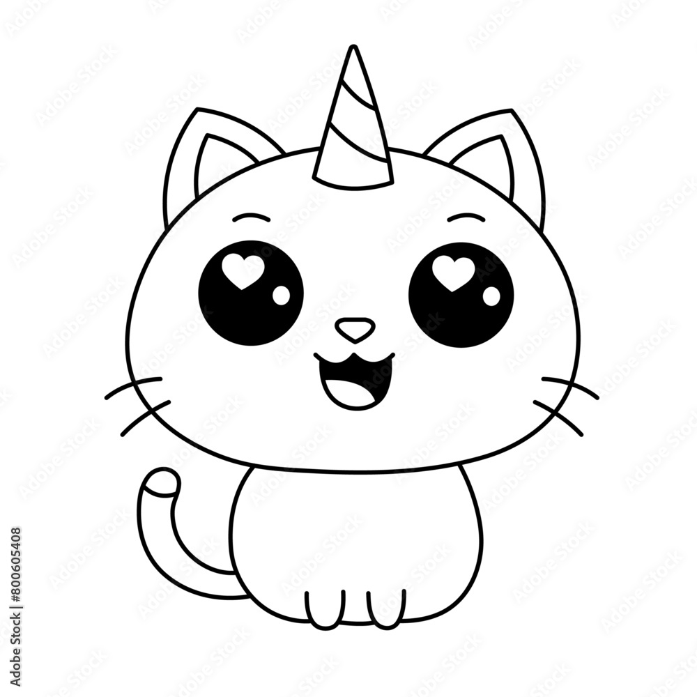 Kawaii Cat Unicorn Coloring Page. Caticorn Outline Design On White ...