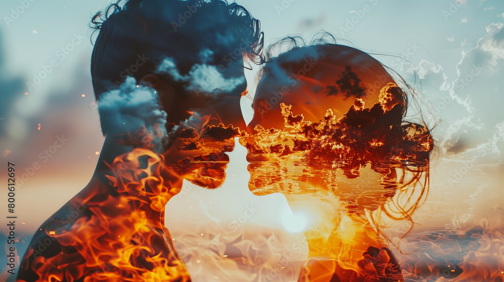 Double exposure portrait profile of kissing couple, woman and man with ...