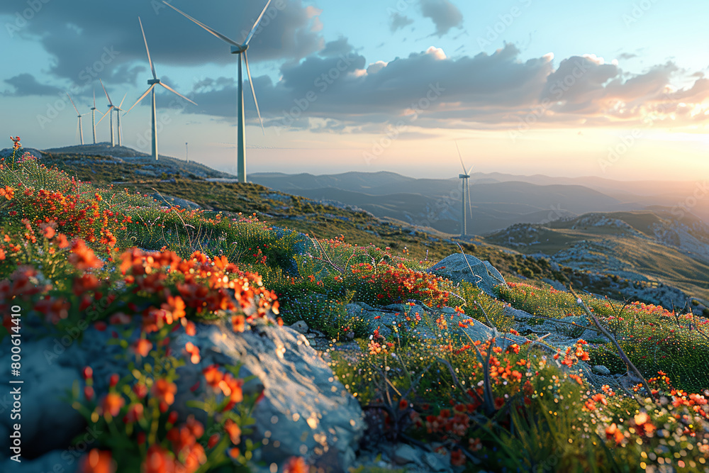 Wind turbines spinning gracefully on a hillside, harnessing the power ...