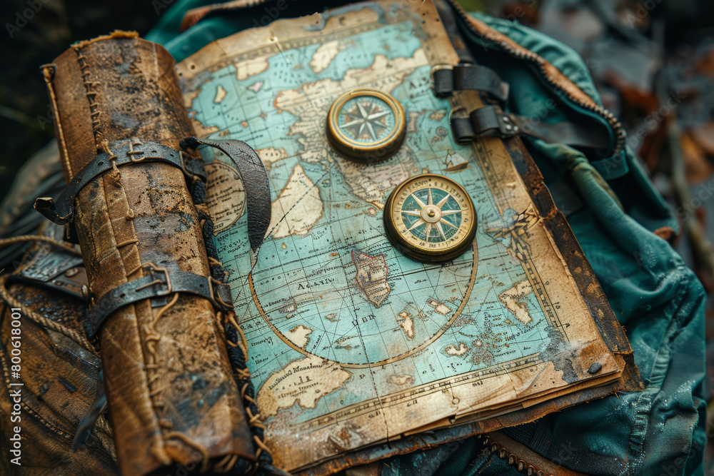 A wanderer's map marked with destinations unknown, where dreams guide ...