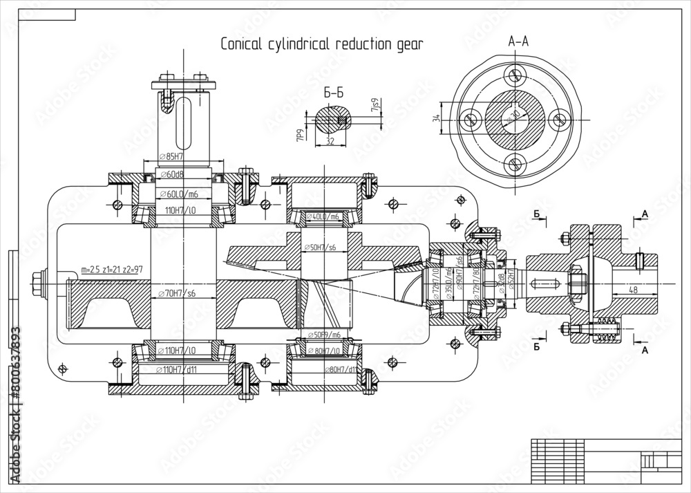 Assembly drawing of reducer. Vector drawing of steel mechanical device ...