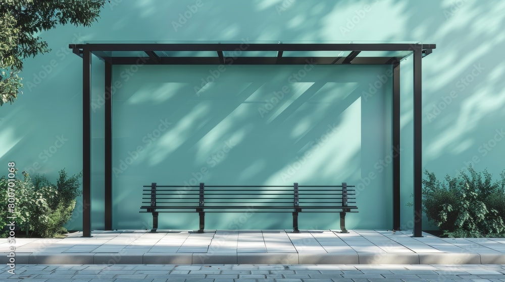 Blank mockup of a minimalist bus stop shelter with a geometric metal ...