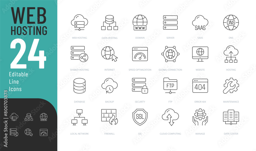 Web Hosting Line Editable Icons set. Vector illustration in modern thin line style of technology ...