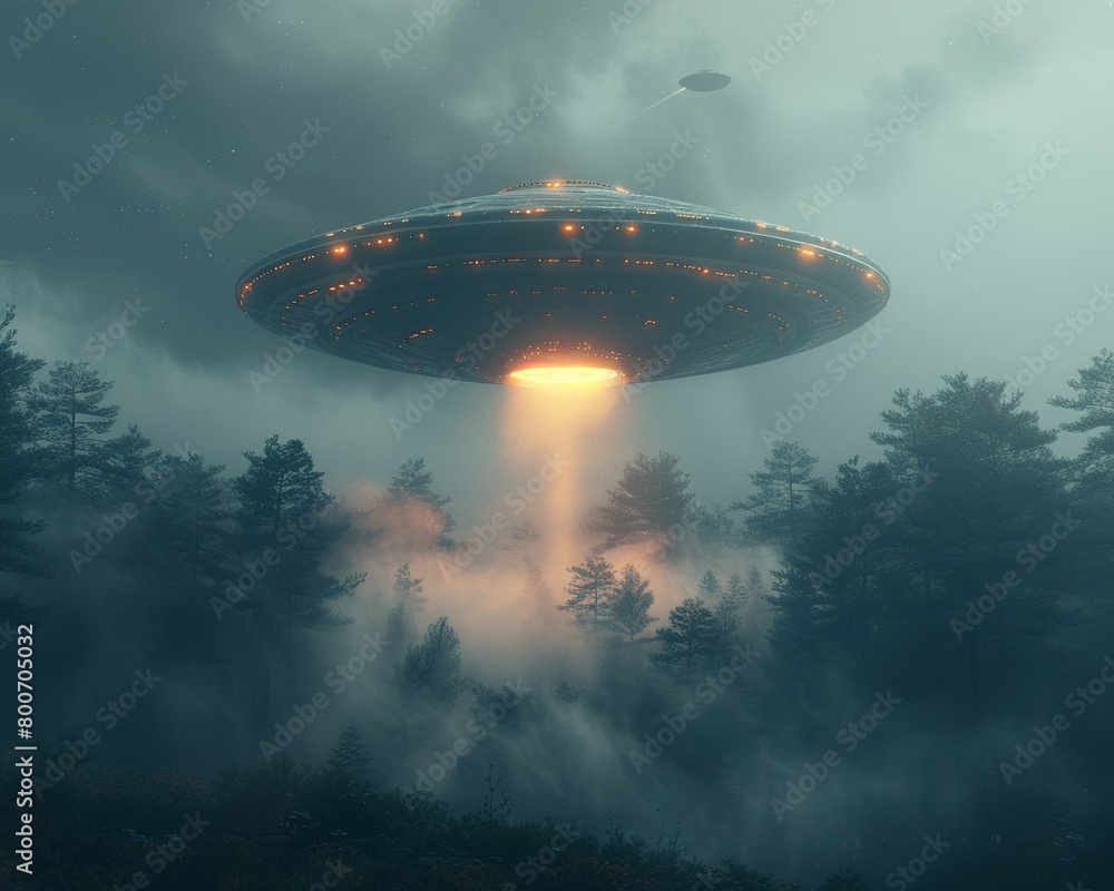 An alien encounter portrayed as a flying UFO saucer landing in a ...