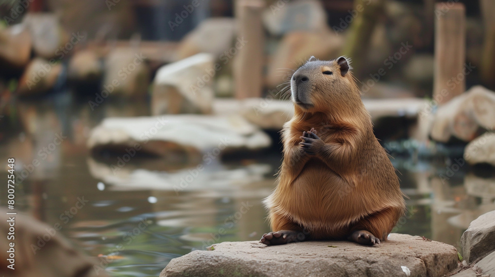 Foto de Stock Capibara meditando a la orilla del rio. Carpincho rezando ...