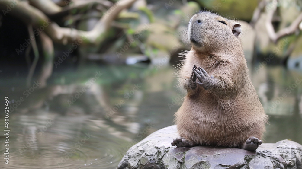 Capibara meditando a la orilla del rio. Carpincho rezando. Render ...