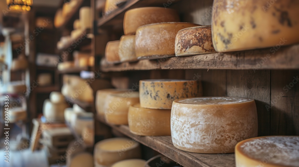 Close-up of various cheese types on wooden racks in an artisanal cheese ...