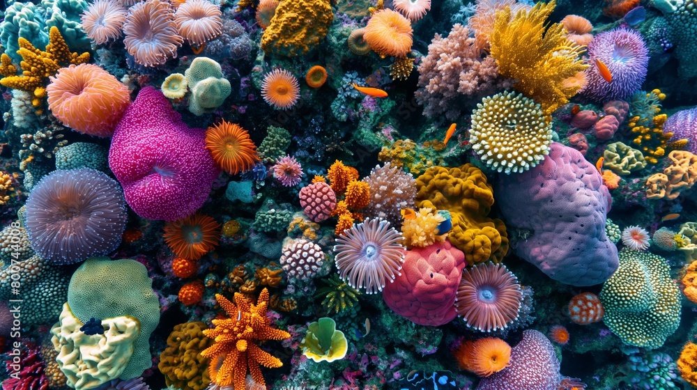 Coral reef composition with diverse marine flora and fauna. Underwater ...