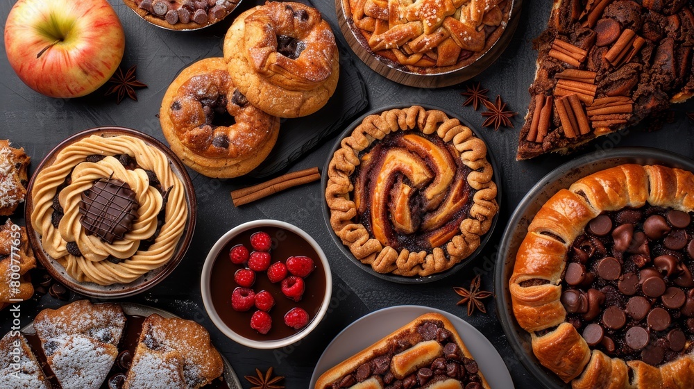 Delectable top-down view of sweet baked delicacies including chocolate ...