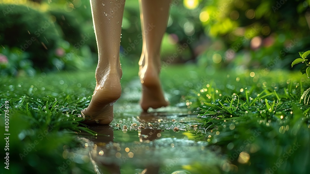 Healing garden at a wellness sanctuary, guests walking barefoot on a ...